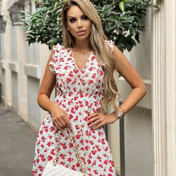 Zara | Dresses | Zara New Ruffled Midi Dress Red White Floral | Poshmark